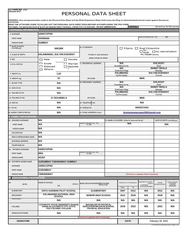 Personal Data Sheet Template | PDF | Affidavit | Government