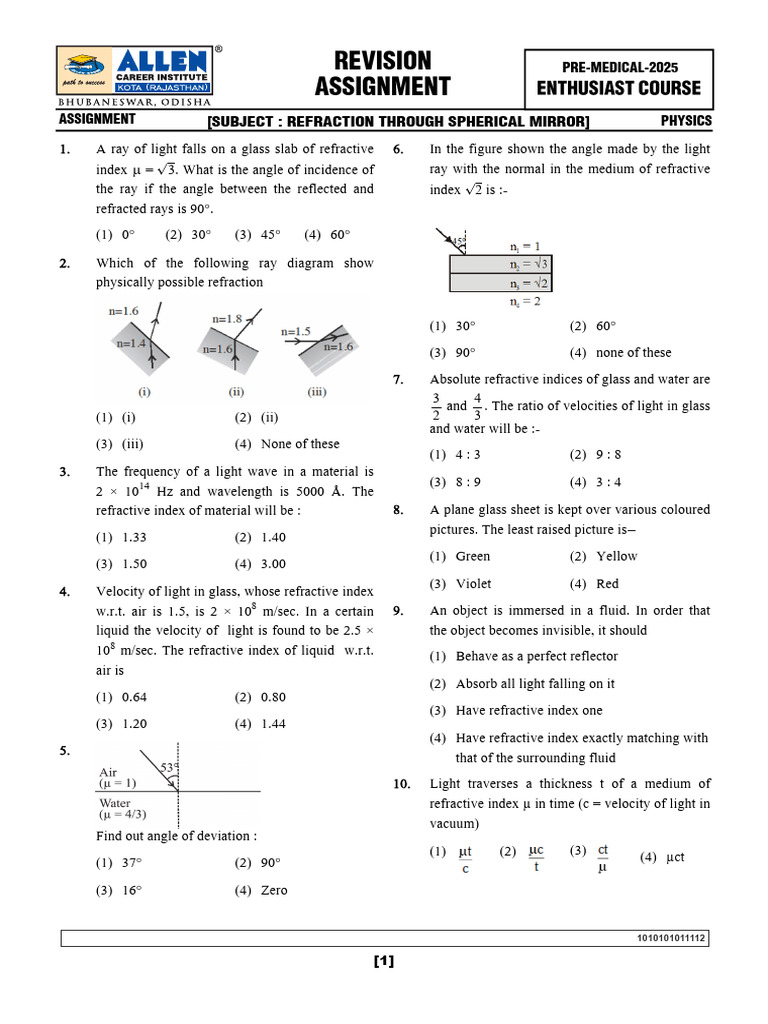 Med Ent Assignment Phy Refraction Through Plane Surface Saurabh Suman Sir Sc | PDF | Refraction ...