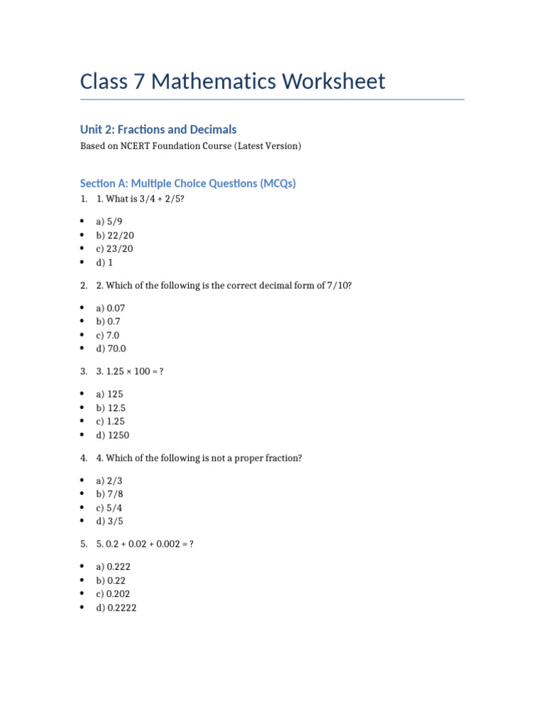 Class7 Maths Unit2 Fractions Decimals Complete Worksheet | PDF