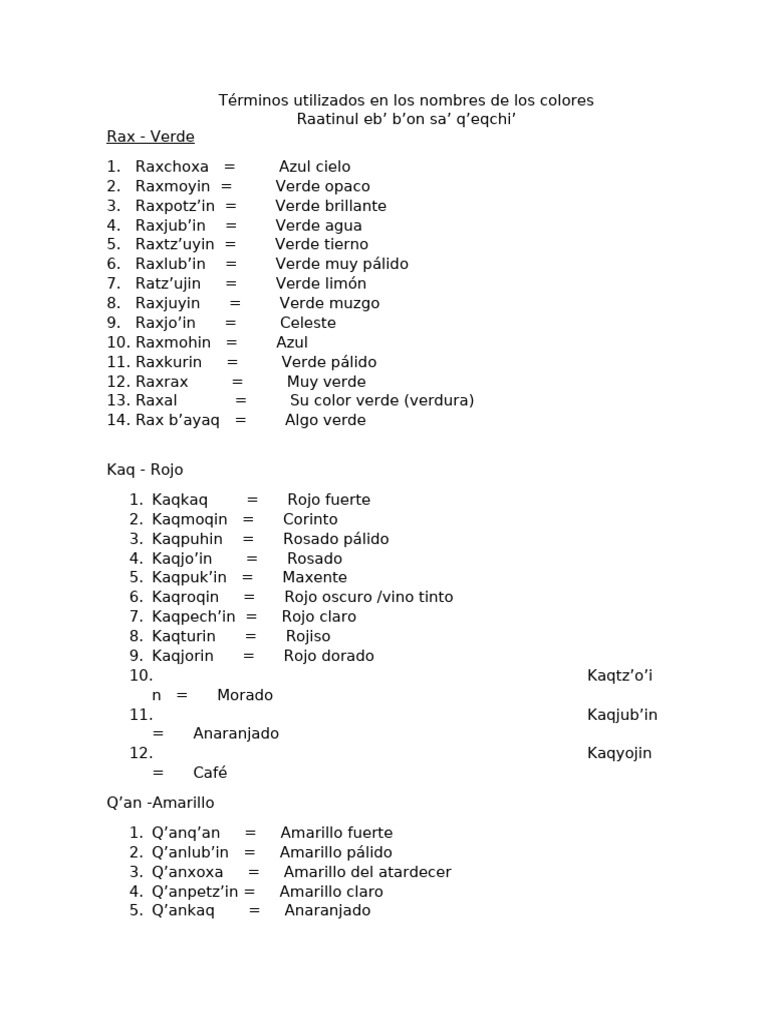 Colores en Q'eqchi': Nombres y significados | PDF