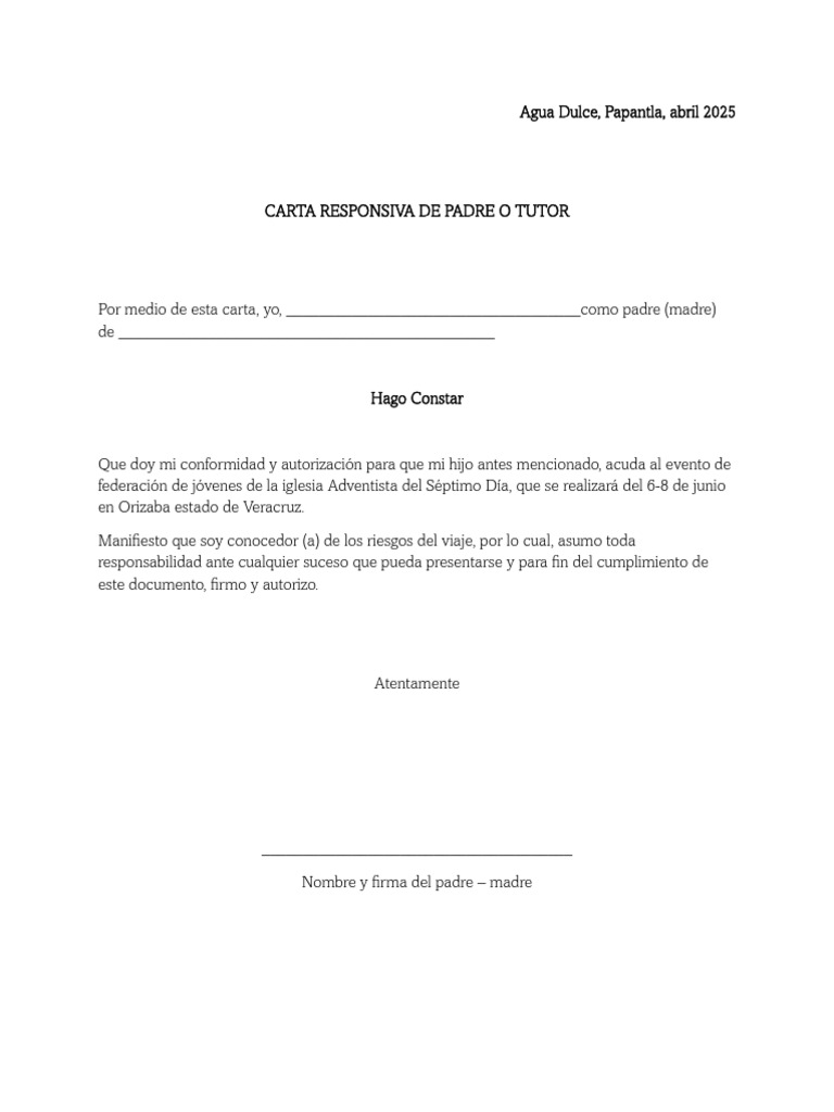 Carta Responsiva de Padre o Tutor | PDF
