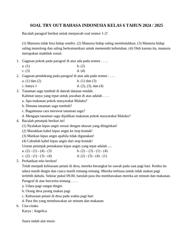 Soal Try Out Bahasa Indonesia Kelas 6 Tahun 2025 | PDF