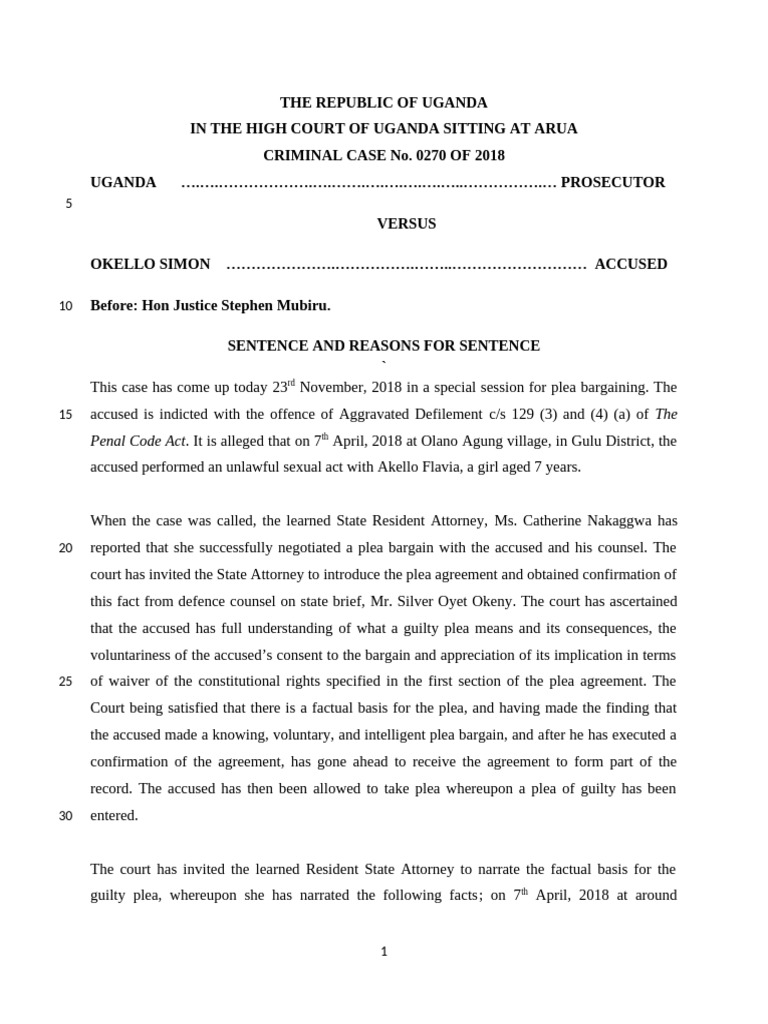 Uganda V Okello Simon (Criminal Case No 0270 of 2018) 2018 UGHCCRD 194 ...