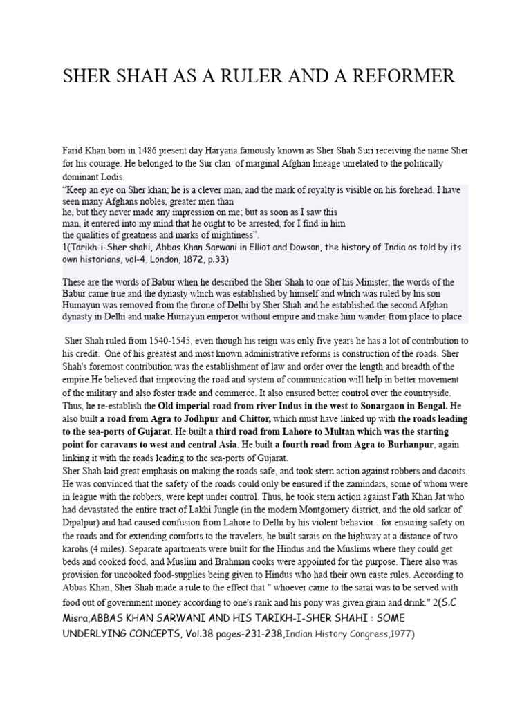 Sher Shah As A Ruler and A Reformer | PDF