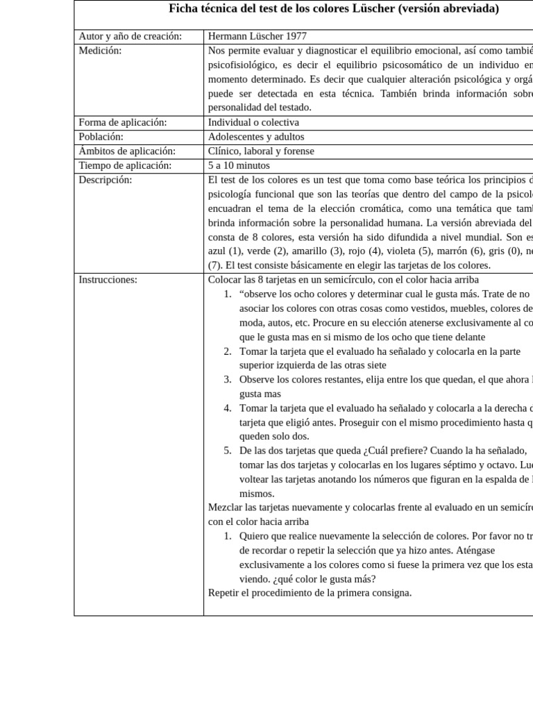 Ficha Técnica Del Test de Los Colores Lüscher | PDF | Color | Sicología