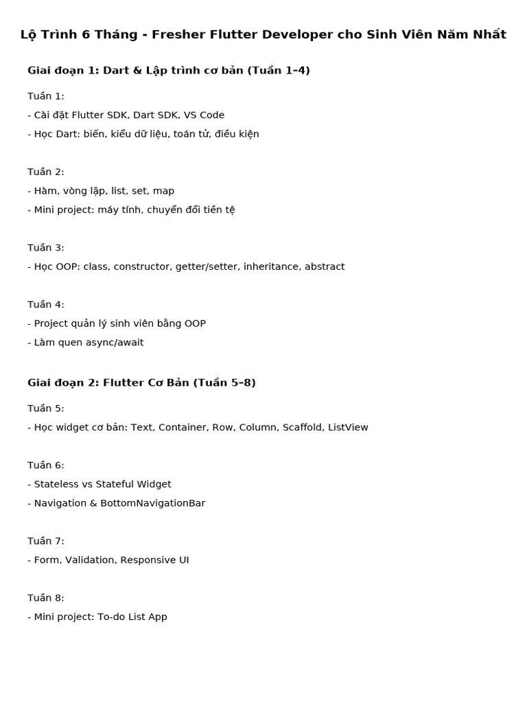 Lo Trinh Fresher Flutter Developer 6 Thang | PDF