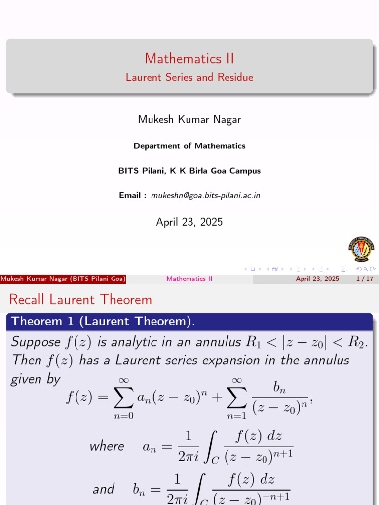 Lec 16 Laurent Series and Residue | PDF | Functions And Mappings | Algebra