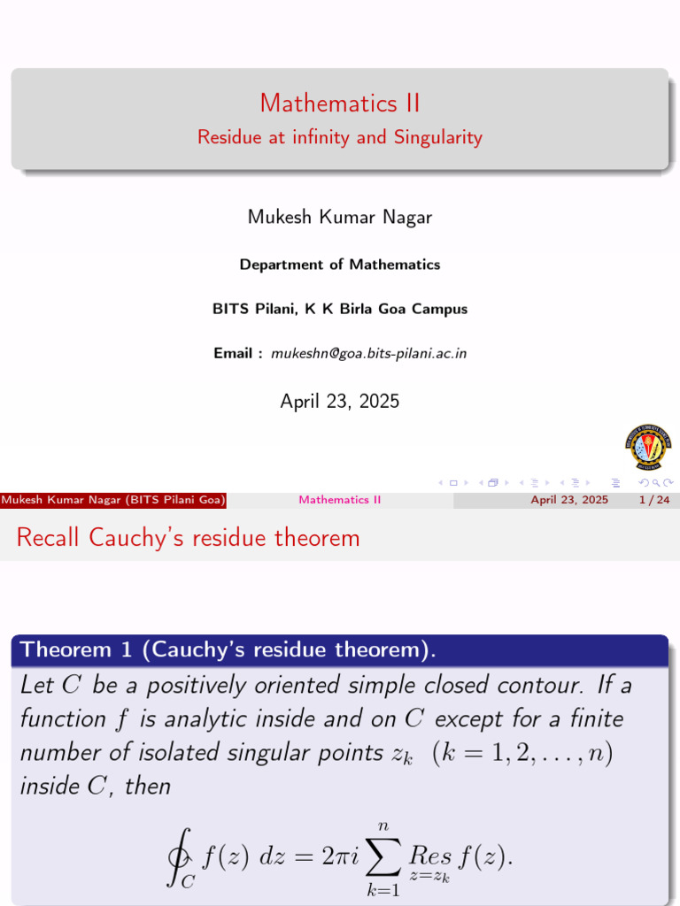 Lec 17 Residues at infinity and Poles | PDF | Mathematical Analysis | Mathematics