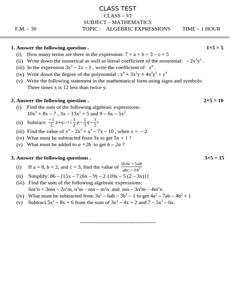 Algebric Expressions Class 6 Class Test | PDF