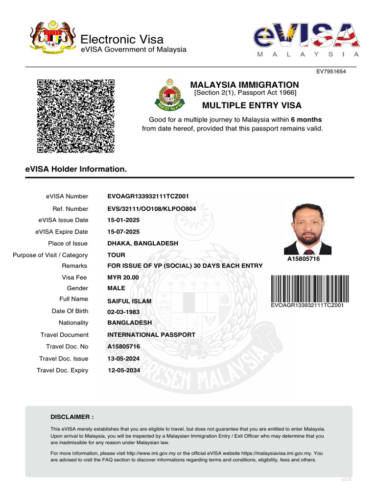 Malaysia EVISA Certificate SAIFUL ISLAM PDF | PDF | Travel Visa | Passport