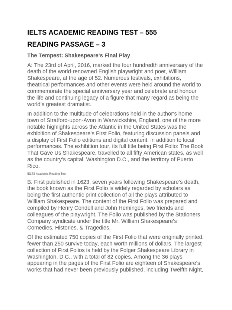 Ielts Academic Reading Test | PDF | The Tempest | William Shakespeare