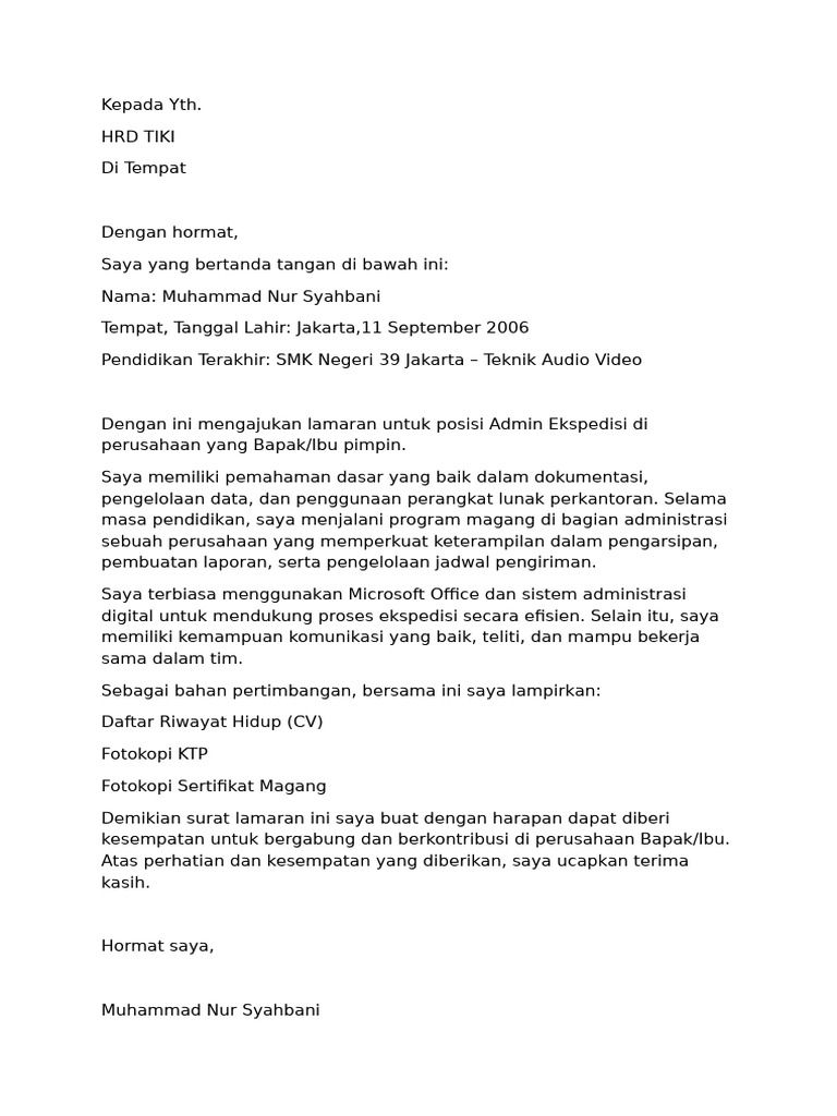 Surat Lamaran -Admin Ekspedisi-Muhammad Nur Syahbani | PDF
