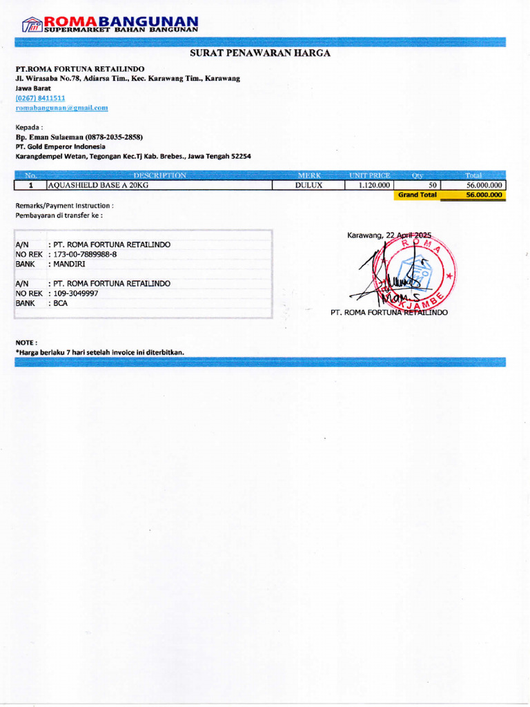 Surat Penawaran Harga - BP Eman | PDF