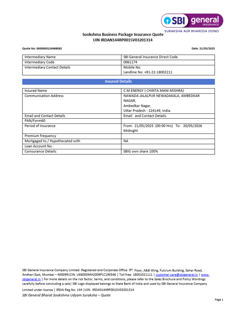 Quote 0000000124968082 V1 | PDF | Insurance | Infection