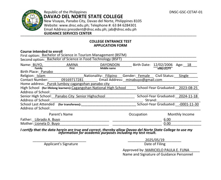 Entrance Testfor College App Form | PDF