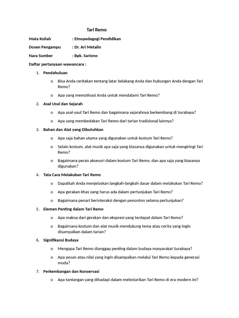Daftar Pertanyaan Wawancara Tari Remo | PDF