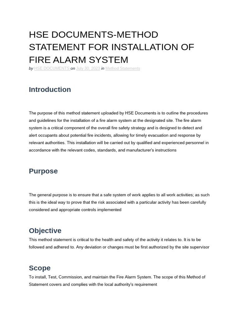 Hse Documents-Method Statement For Installation of Fire Alarm System ...