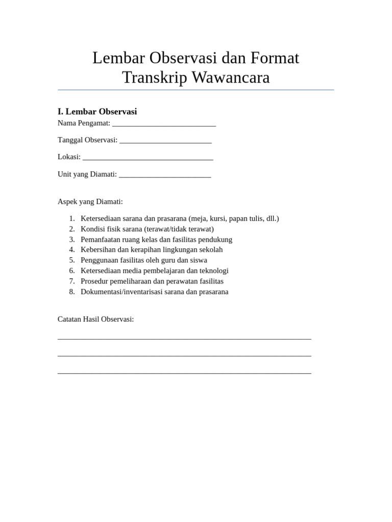 Lembar Observasi Dan Transkrip Wawancara Sarpras | PDF