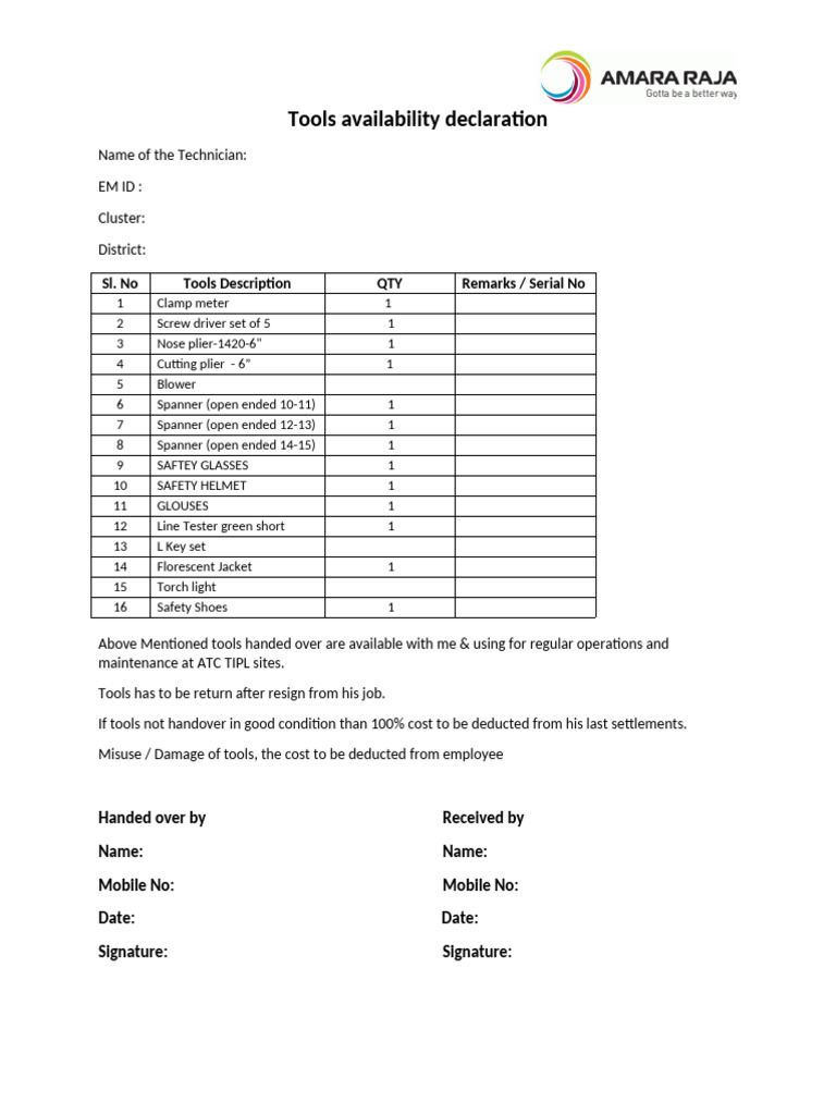Tools Availability Declaration-V4 | PDF