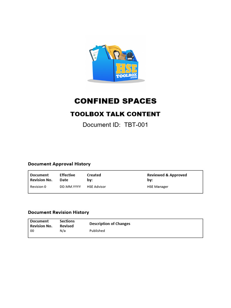TBT 001 Confined Spaces Toolbox Talk | PDF | Occupational Safety And Health | Labor Relations