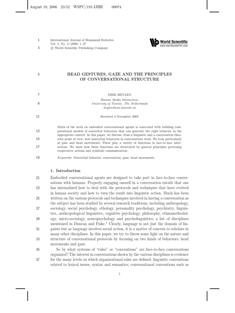 1st Reading: Head Gestures, Gaze and The Principles of Conversational Structure | PDF ...