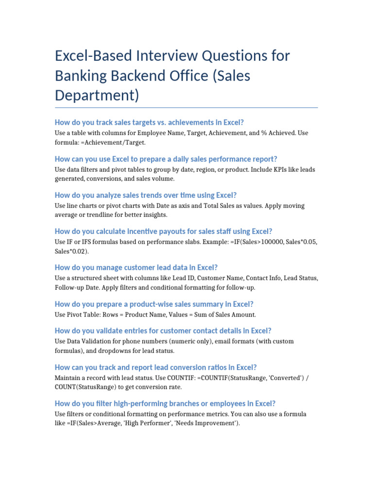 Bank Sales Backend Excel Interview QA | PDF