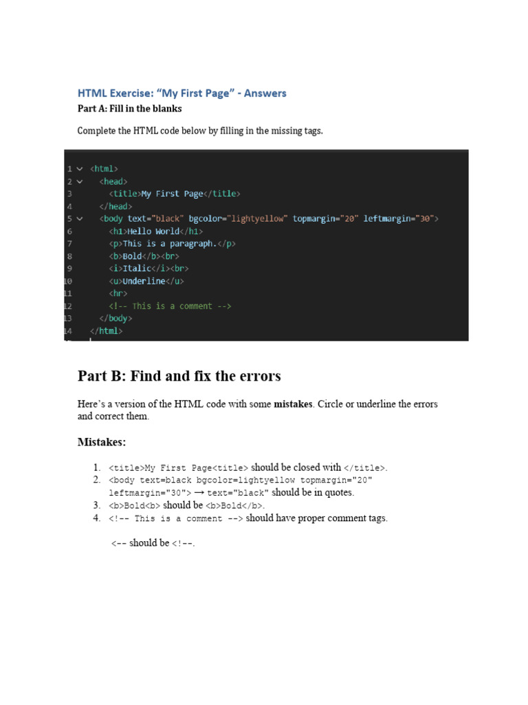 HTML Exercise My First Page Answers | PDF