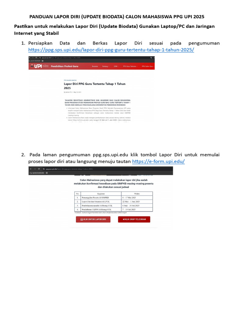 Panduan Lapor Diri PPG UPI 2025 | PDF