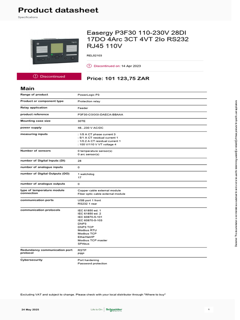 Schneider Electric - PowerLogic-P3-Protection-Relays - REL52103 | PDF ...
