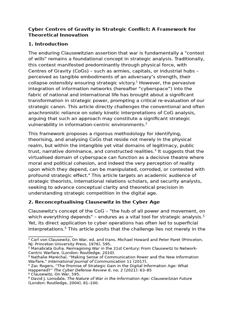 Cyber Centres of Gravity in Strategy | PDF | Carl Von Clausewitz | Reality