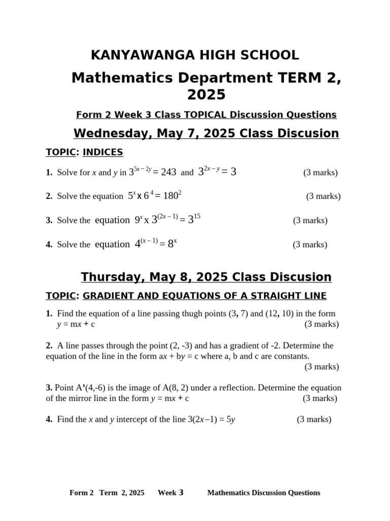 Form 2 W3 Maths Discussions Qns-1 | PDF | Equations | Mathematical Objects