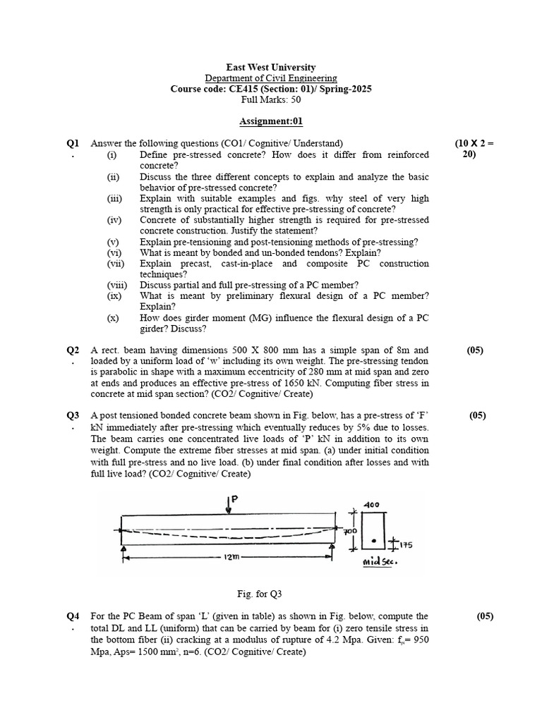 Assignment-1 of CE415 of Spring2025 | PDF | Prestressed Concrete | Concrete