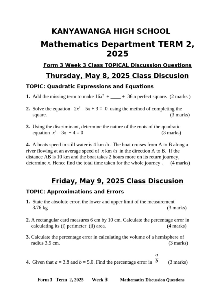 Form 3 W3 Maths Discussions Qns-2 | PDF | Quadratic Equation ...