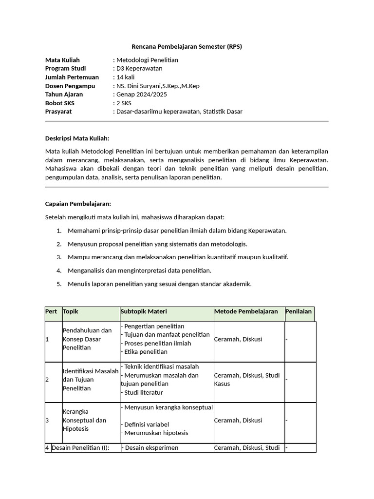 RPS METODOLOGI PENELITIAN - d3kep | PDF