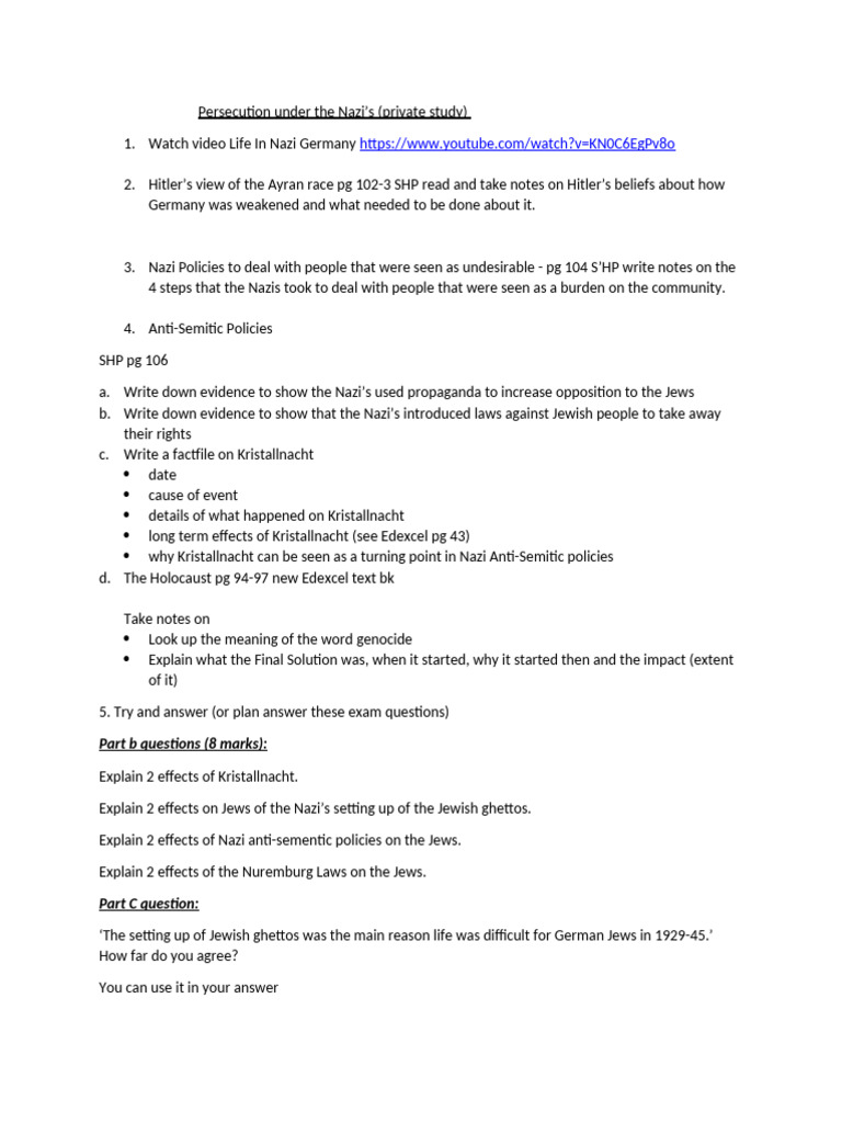 HWK Task Sheet Persecution Under The Nazi | PDF
