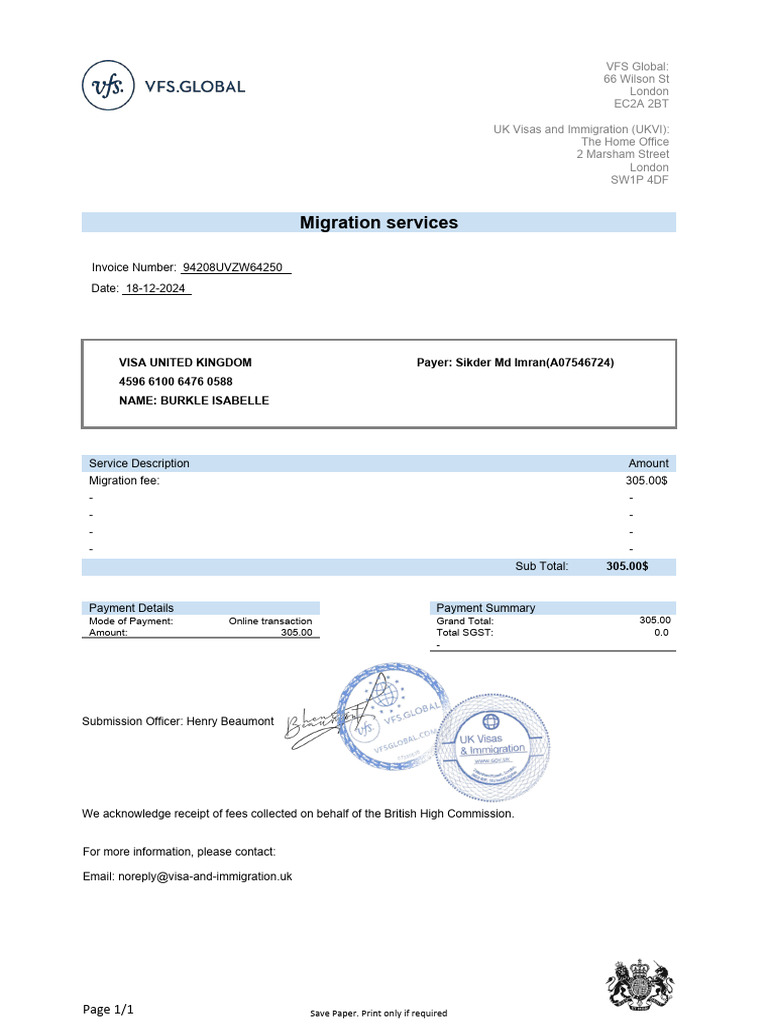 Visas-Immigration Invoice - SIKDER MD IMRAN | PDF | Receipt | Payments