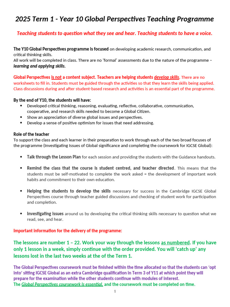 2025 Year 10 Term 1 Global Perspectives Teaching Programme | PDF ...