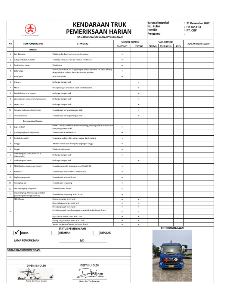 Checklist Pemeriksaan Kendaraan | PDF