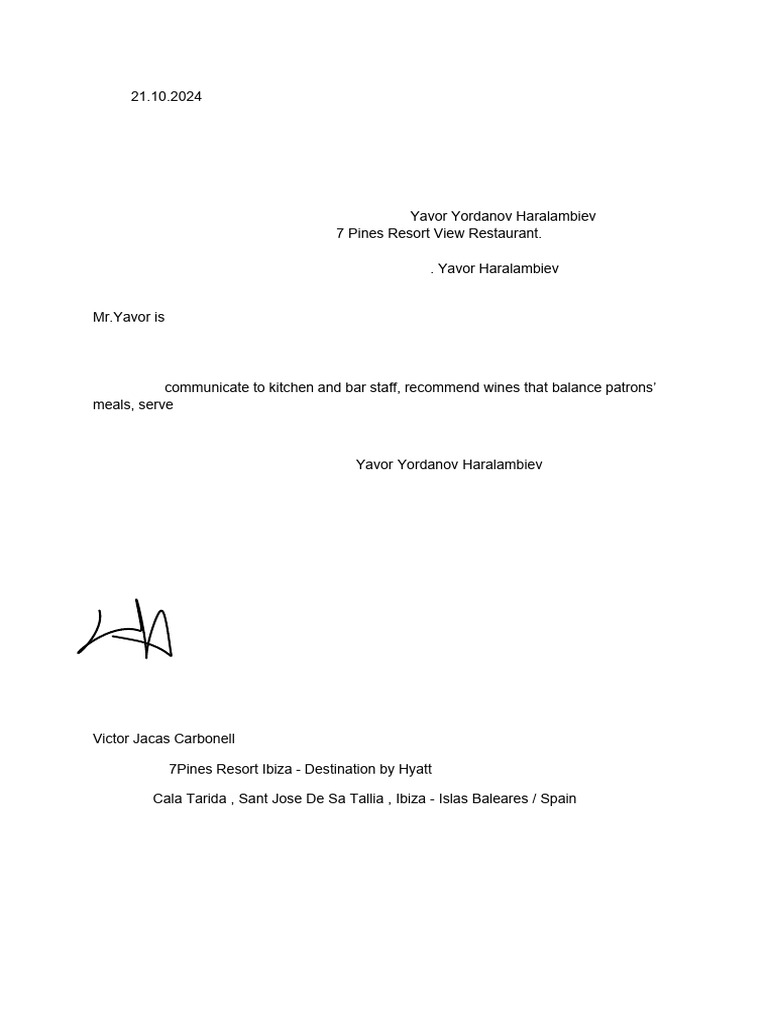 Reccomendation Letter For A Waiter | PDF