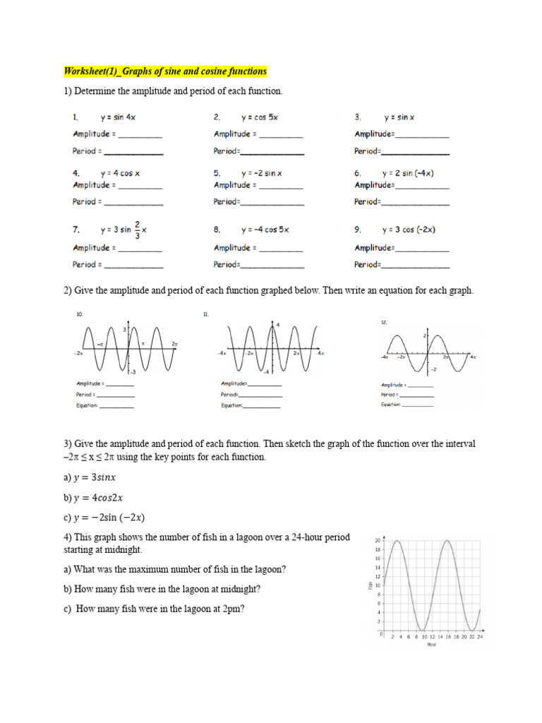 Worksheet (1) - Graphs of of Sine and Cosine Functions | PDF