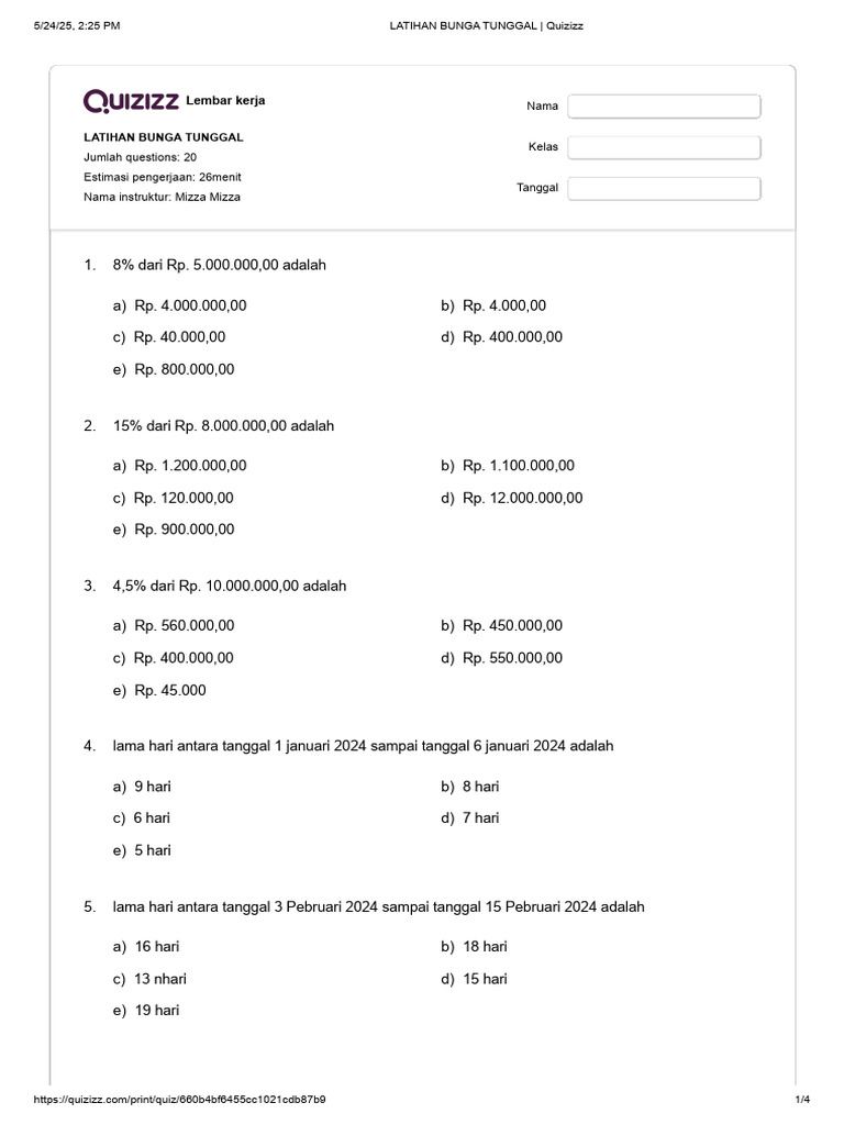 LATIHAN BUNGA TUNGGAL - Quizizz | PDF