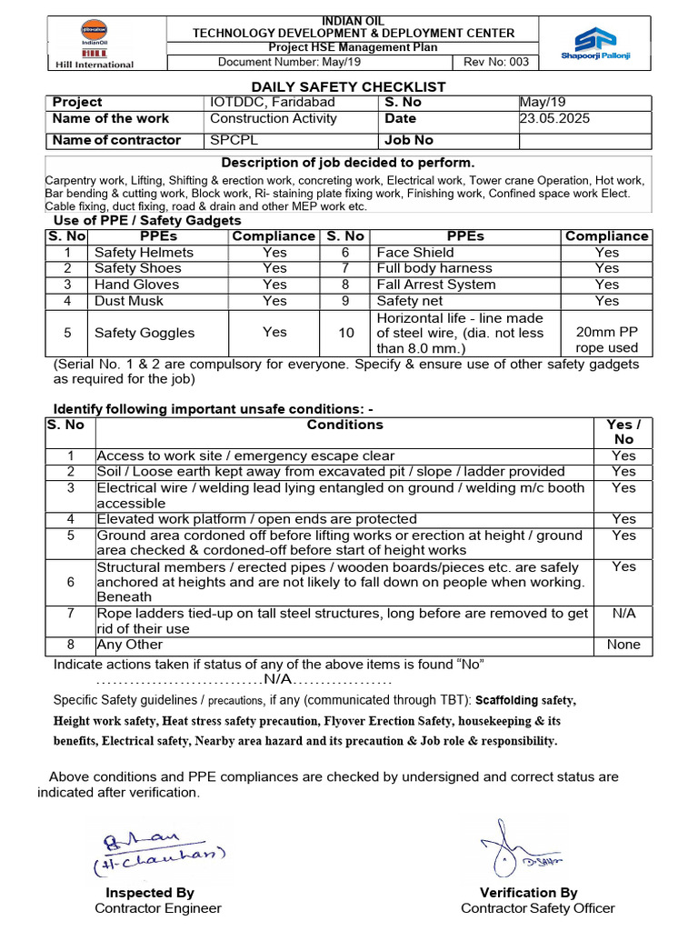 DAILY SAFETY CHECKLIST 23.05.2025 | PDF | Personal Protective Equipment ...