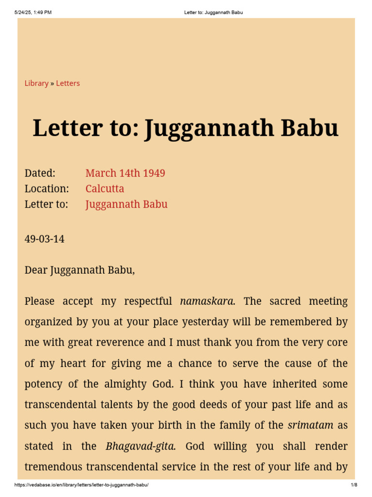 Letter To - Juggannath Babu | PDF | Bhagavad Gita | Hindu Deities