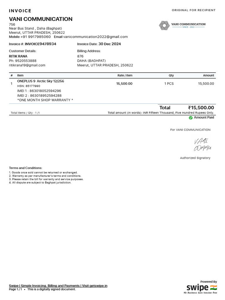 Invoice9478934 - Ritik Rana | PDF