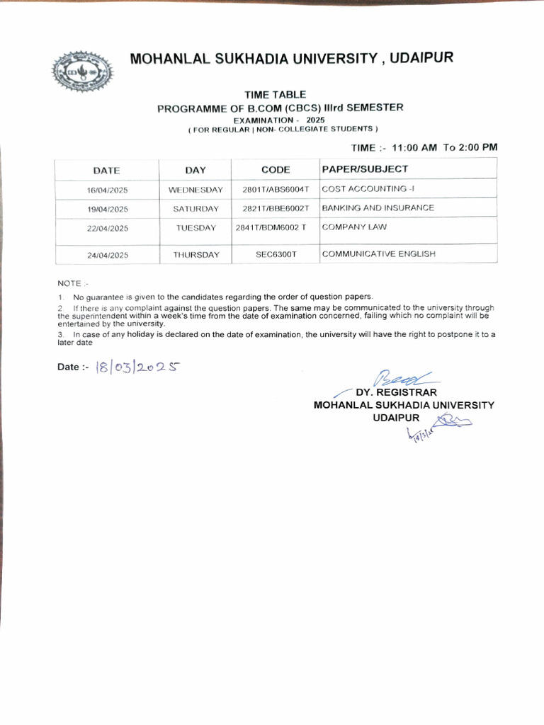 TIME TABLE OF B.COM (CBCS) IIIrd SEMESTER EXAMINATION - 2025 (FOR ...