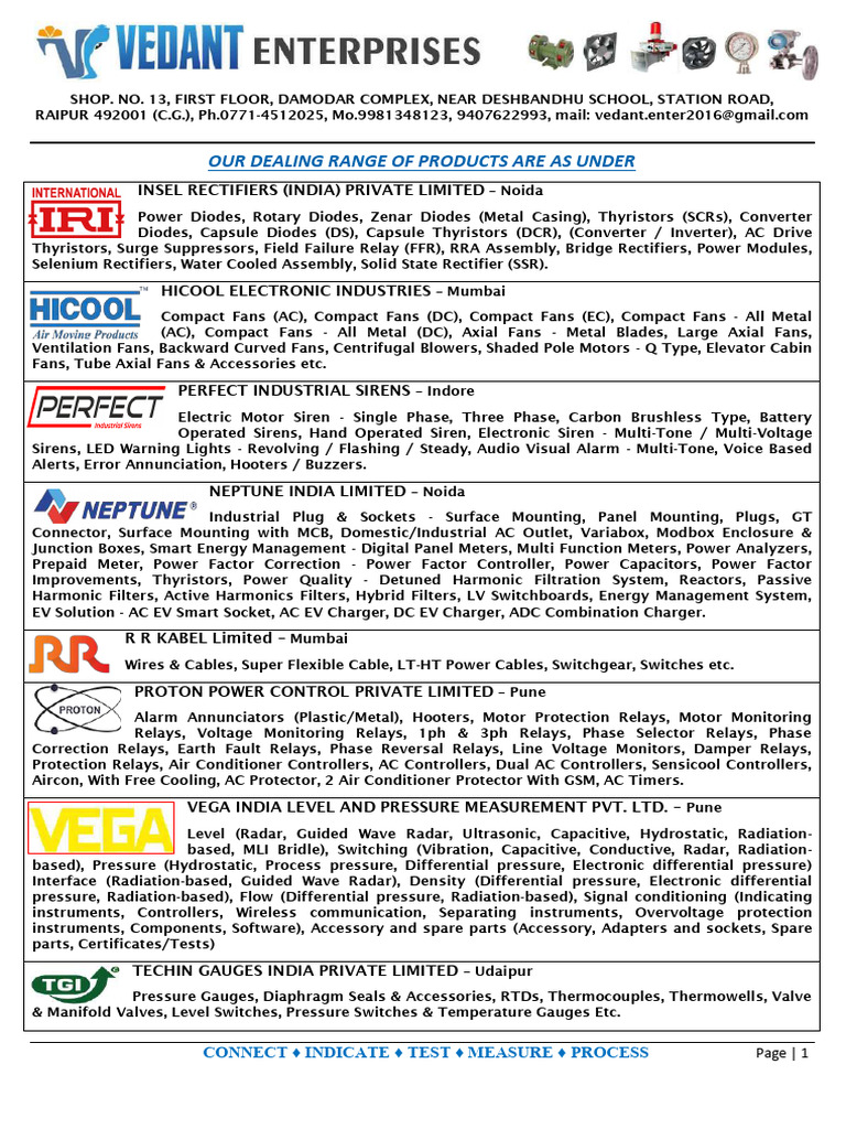 VEDANT Enterprises - Products Profile | PDF | Relay | Switch
