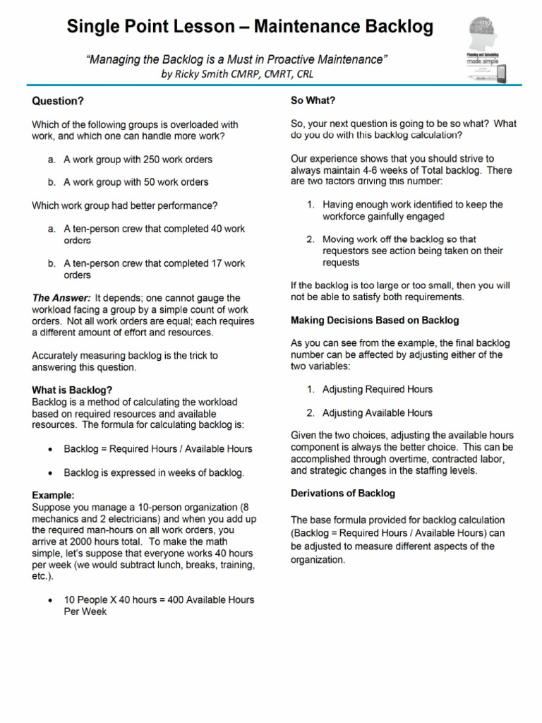 Maintenance Backlog Sugar Mill | PDF