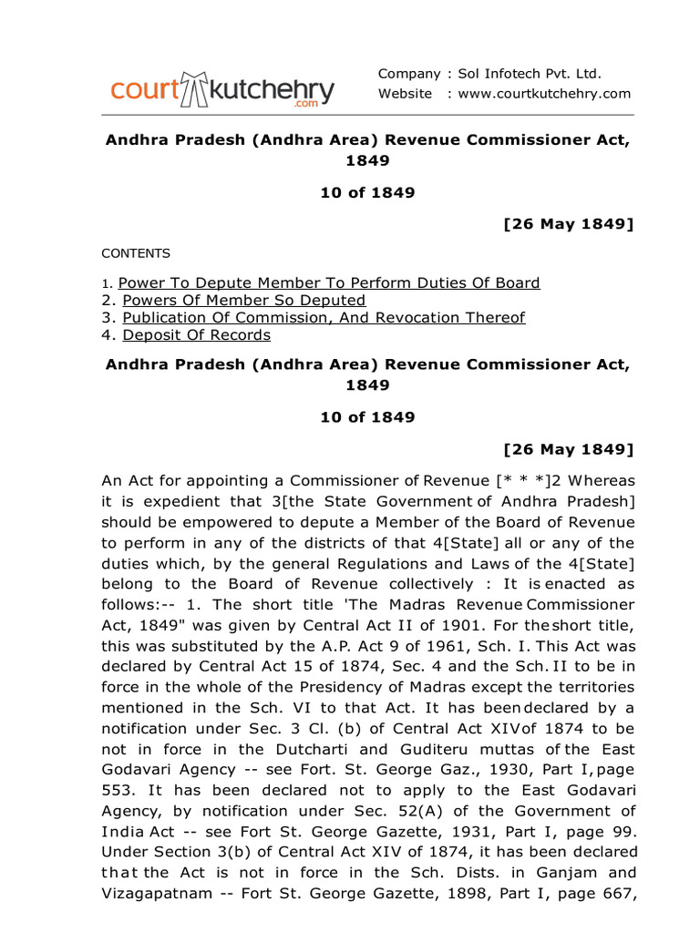 Andhra Pradesh (Andhra Area) Revenue Commissioner Act, 1849 | PDF ...