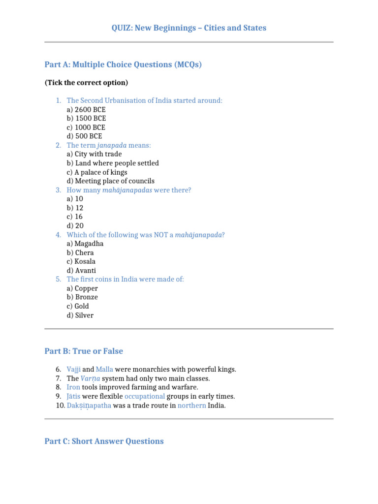 Chapter - 04 - New Beginnings - Cities and States - QUIZ | PDF