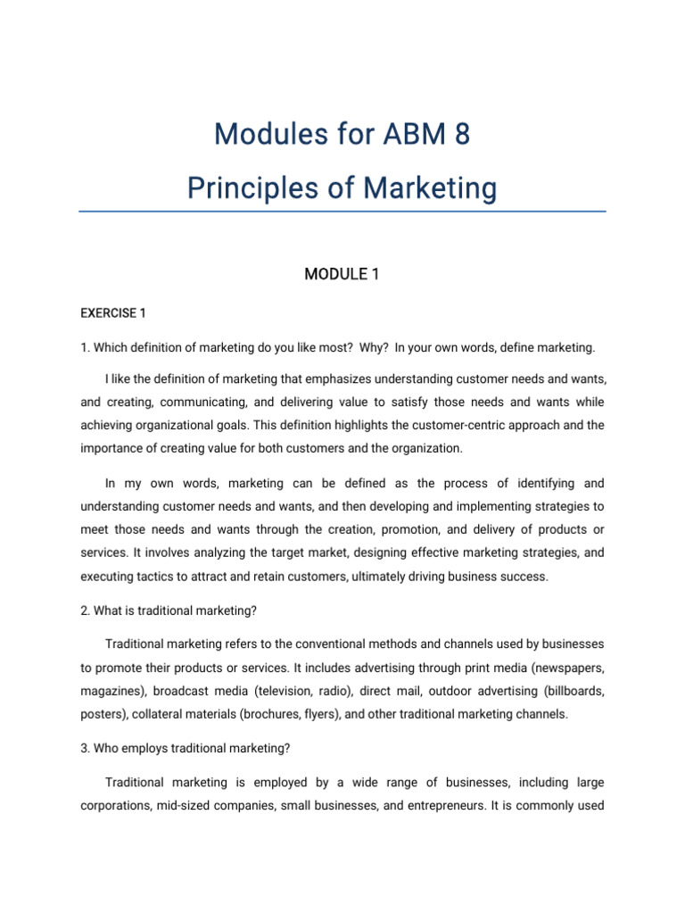 ABM 8 - Principles of Marketing - Module 1 To 3 Exercises | PDF